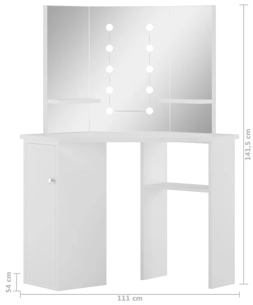 vidaXL Rohový toaletní stolek na líčení s LED světlem bílý