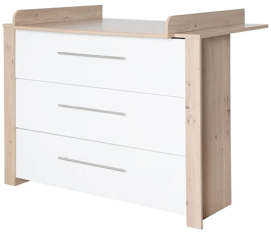 Nízká dětská komoda v dekoru dubu s přebalovacím pultem v bílo-přírodní barvě 112x98 cm – Roba