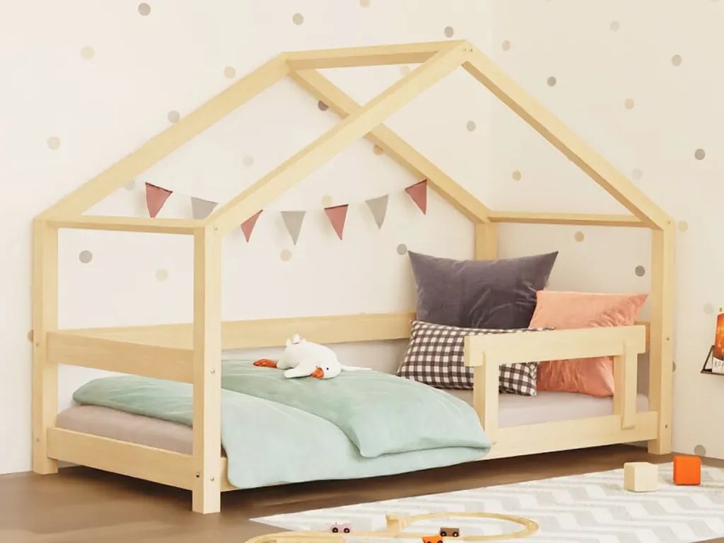 Benlemi Dětská postel domeček LUCKY se zábranou Zvolte barvu: Béžová, Zvolte rozměr: 70x160 cm, Zvolte zábranu: S otevřeným vstupem