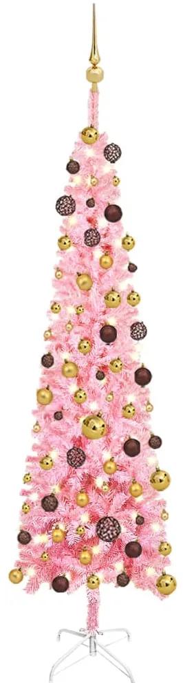 3078026 vidaXL Úzký vánoční stromek s LED diodami a sadou koulí růžový 180 cm