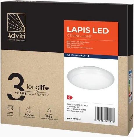 Led stropní svítidlo ORNO Adviti AD-PL-6118WLPM4, 12W, 4000k, IP65, bílé