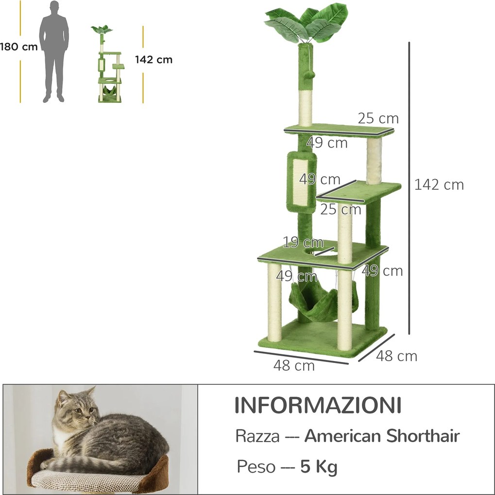 PawHut Kočičí Škrabadlo 142 cm, Kočičí Strom s Houpací Síťkou, Kuličkovou Hračkou, Sisalovými Škrabadly a Protivrhacím Systémem, Zelené
