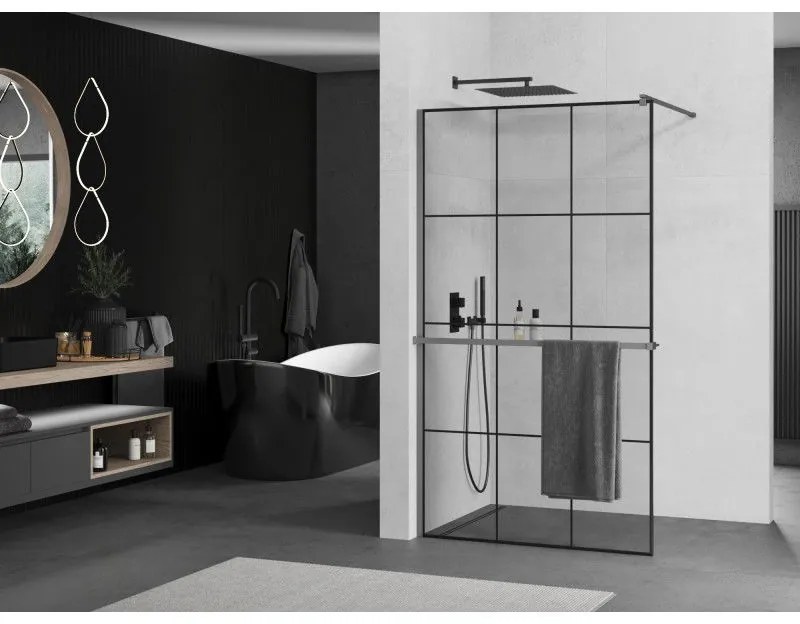 Mexen Kioto+, sprchová zástěna Walk-In s poličkou a věšákem 120 x 200 cm, 8mm čiré sklo černý vzor, grafitový profil, 800-120-121-95-77