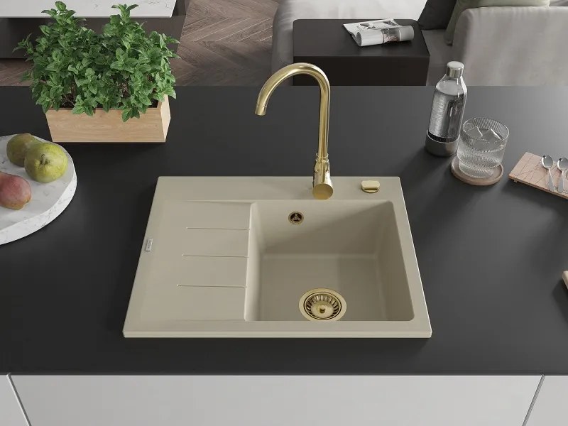 Mexen Ben, 1-komorový granitový dřez 600x500x190 mm, pravý + zlatý sifon, béžová, 6523605000-69-G
