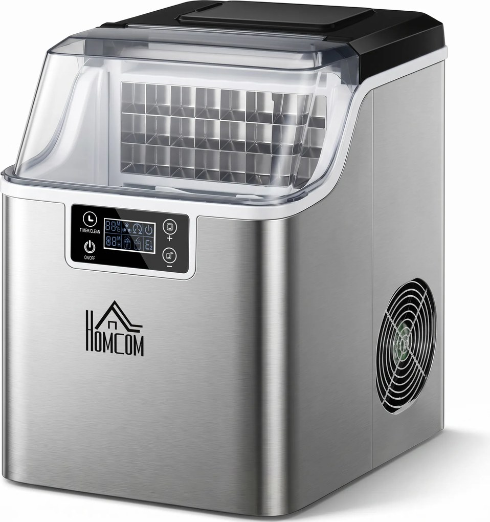 HOMCOM Výrobník kostek ledu, 20 kg/24h 2,3 l, s nádržkou na vodu 3,2 l, automatický čisticí program, nerezová ocel, 25,2 x 36 x 37,1 cm, stříbrná| Ao…