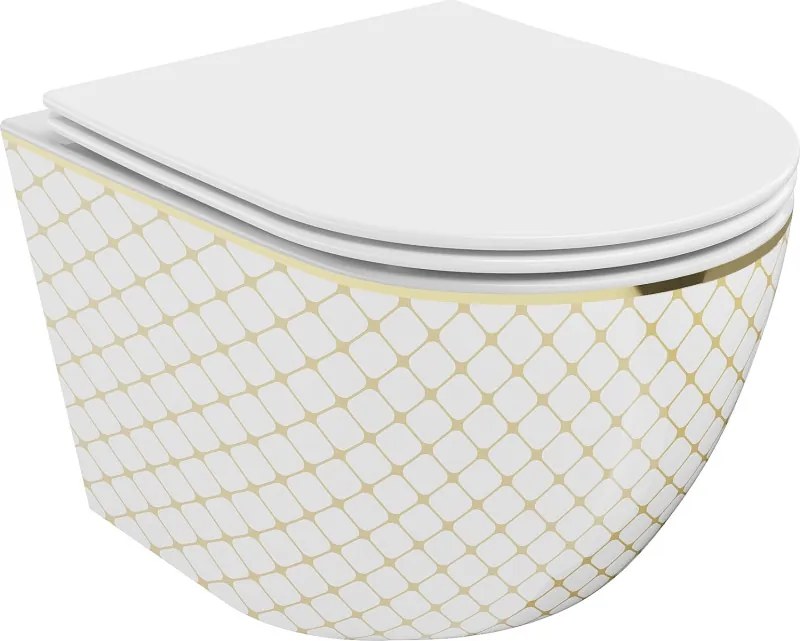 Mexen Lena WC mísa Rimless s pomalu zavíracím slim duroplastovým prkénkem, bílá/zlatá vzor mřížka - 30224009