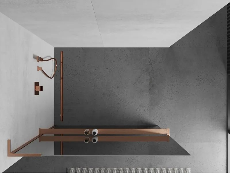 Mexen Kioto+ L, sprchová zástěna Walk-In s poličkou a věšákem 90 x 200 cm, 8mm sklo vzor zrcadlo, měděný matný profil, 800-090-123-65-50