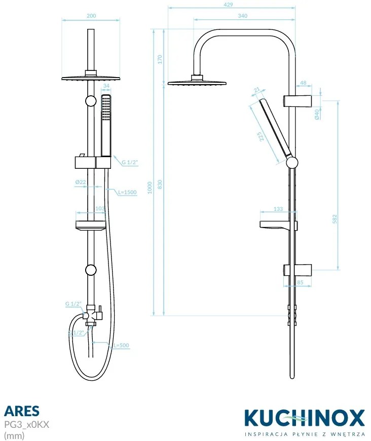 Kuchinox Ares, sprchový sloup s ruční a dešťovou hlavicí, černá matná, LAV-PG3_70KX