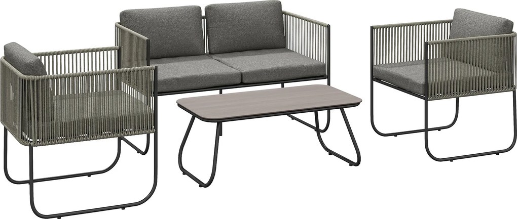 Zahradní nábytek Outsunny z poly rattanové lounge sady se sofa, křeslem, stolem a polštáři pro 4 osoby – odolná sedačka pro zahradu a balkon, hnědá +
