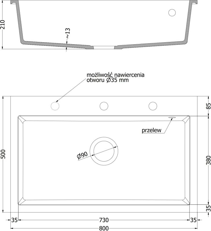 Mexen Elix granitový dřez 1-komorový 800 x 500 mm, černý, černý sifon - 6527801005-77-B