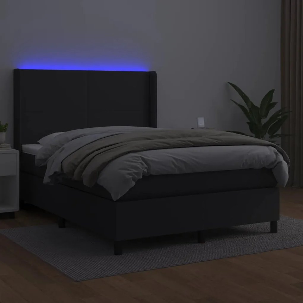 Box spring postel s matrací a LED černá 140x200 cm umělá kůže 3139265