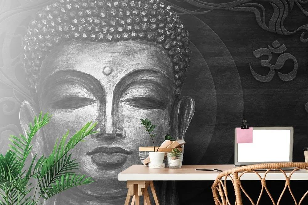 Samolepící tapeta tvář Buddhy v černobílém provedení - 225x150 cm