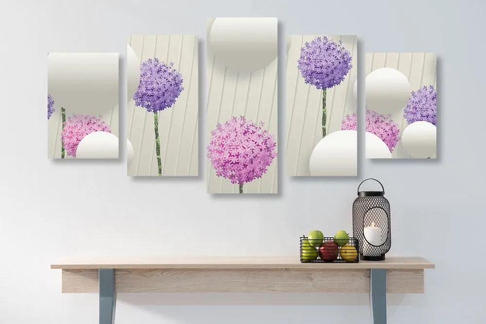5-dílný obraz zajímavé květy s abstraktními prvky a vzory - 200x100 cm