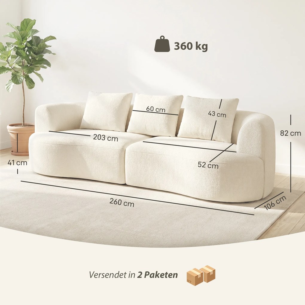 HOMCOM pohovka pro 3 osoby, 260 cm, chenille ‚cloud‘ sedačka s 3 bederními polštáři, širokými područkami a polstrovaným sedákem — krémová
