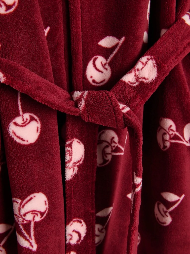 Sinsay - Měkký župan s pásem s motivem třešní - burgundy