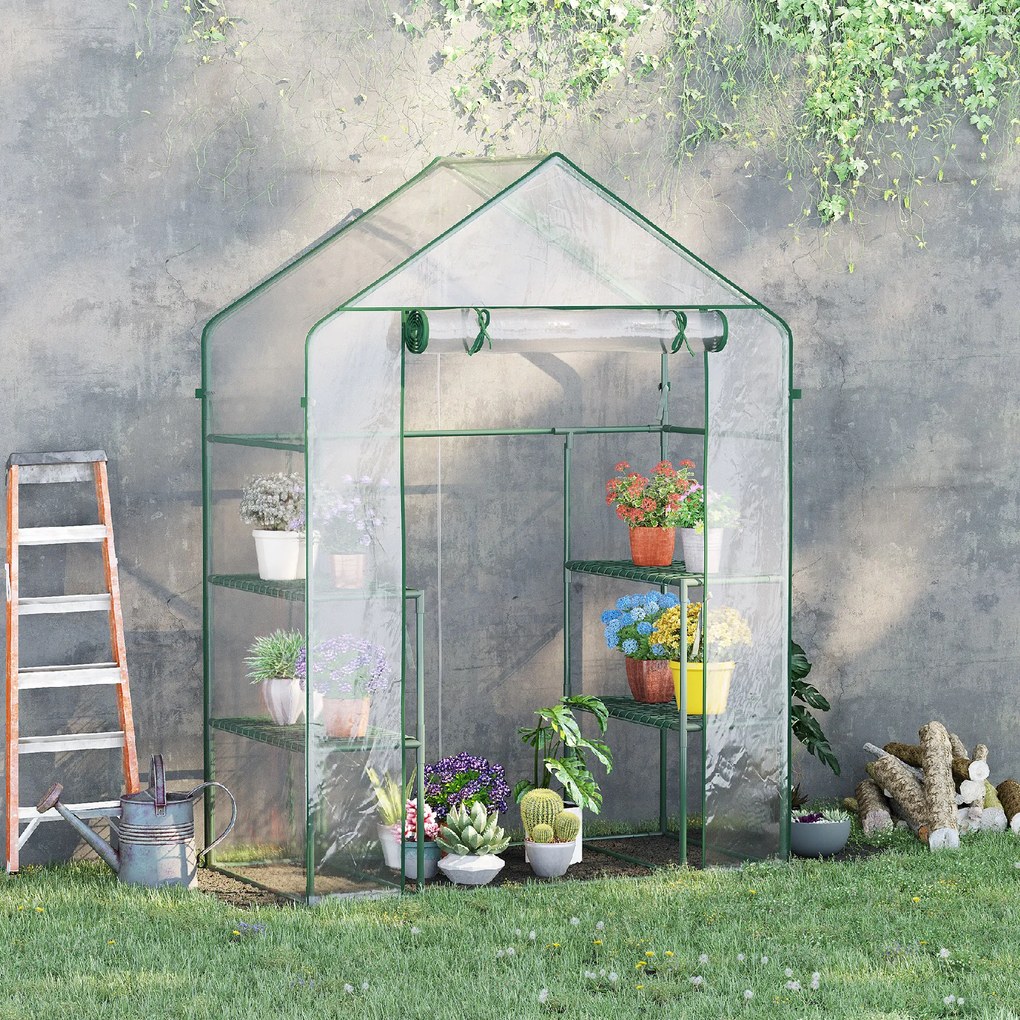 Outsunny Fóliový skleník Walk-in Skleník na rajčata 142x73x195cm se 6 policemi, průhledný pro zahradu a rostliny |
