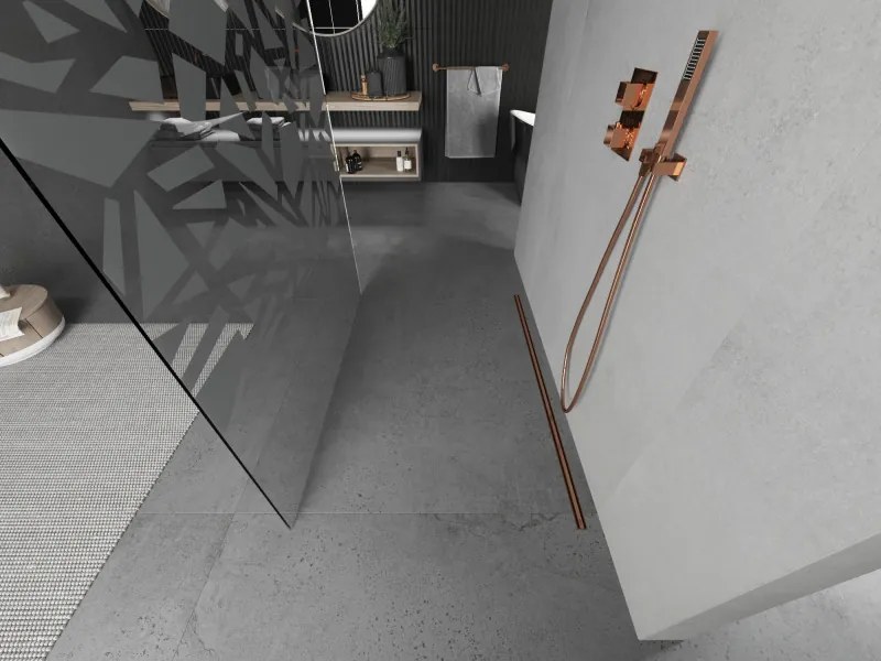 Mexen Kioto, průchozí sprchová zástěna 100 x 200 cm, 8mm sklo čiré/bílý vzor, 2x růžové zlato stabilizační rozpěra, 800-100-002-60-85