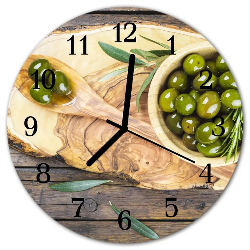 Skleněné hodiny kulaté Dřevěné olivy fi 30 cm
