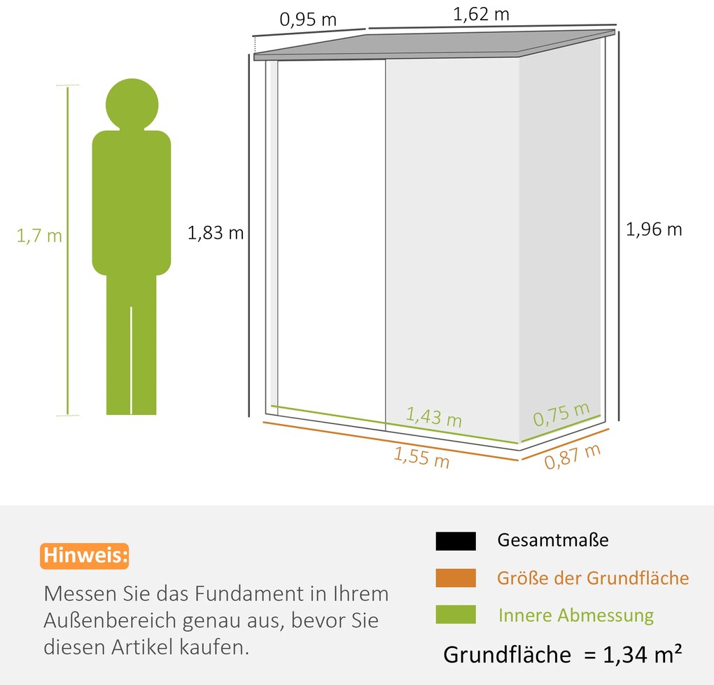 Outsunny zahradní přístřešek 1,34 m² Uzamykatelný zahradní přístřešek se střechou z pozinkované oceli, 161,5x94,5x196cm, černý
