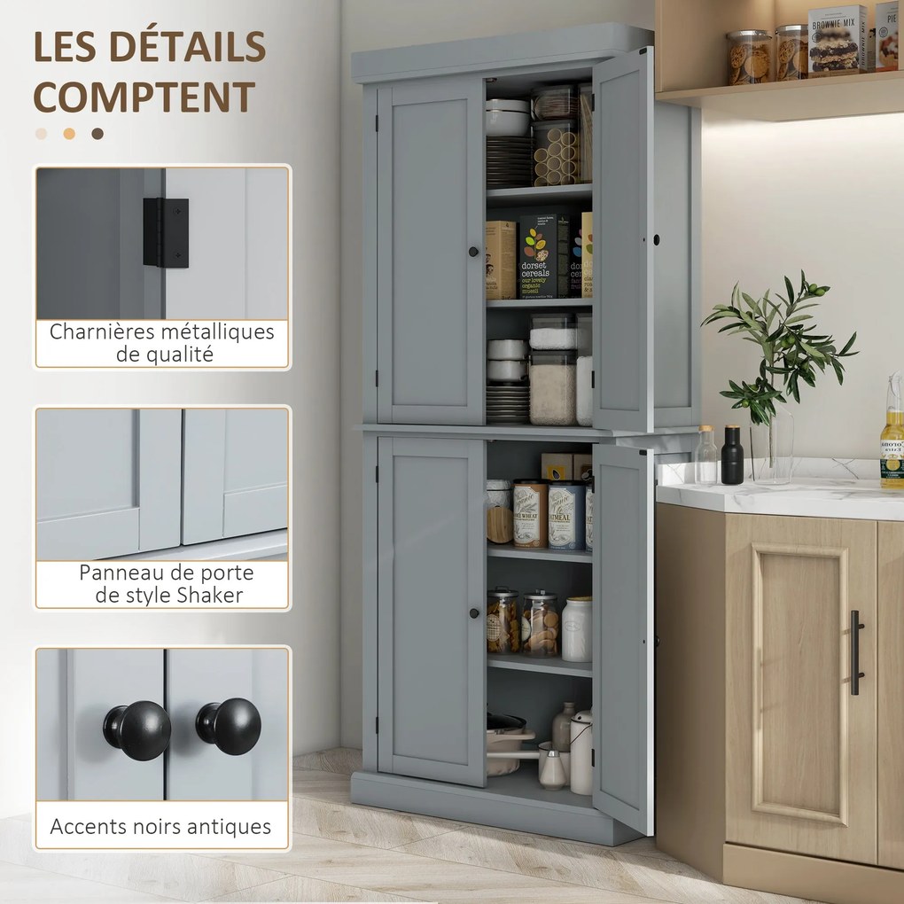 HOMCOM Kuchyňský Skříňový Buffet Skladovací Skříň Moderní Styl s Nastavitelnými Policemi pro Jídelnu a Obývací Pokoj, 76 x 40,5 x 184 cm, Šedá
