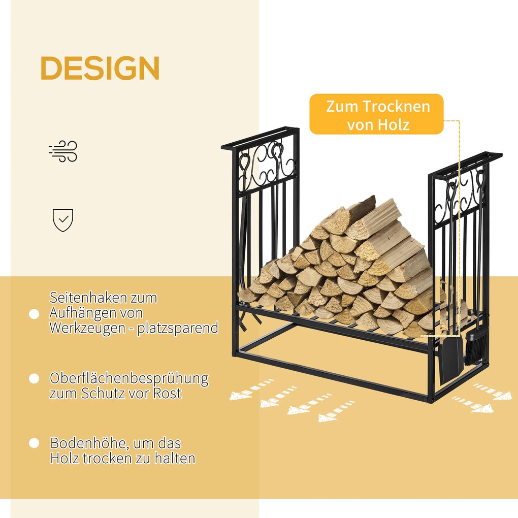 HOMCOM Stojan na palivové dřevo s krbovým nářadím 75 x 30 x 60 cm, černý ocelový stojan na palivové dřevo, skladování palivového dřeva a krbové nářad…