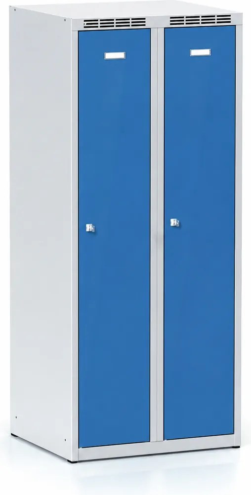 Kovová šatní skříňka S7, 2 oddíly, 1500 x 600 x 500 mm, demont, otočný zámek, modré dveře