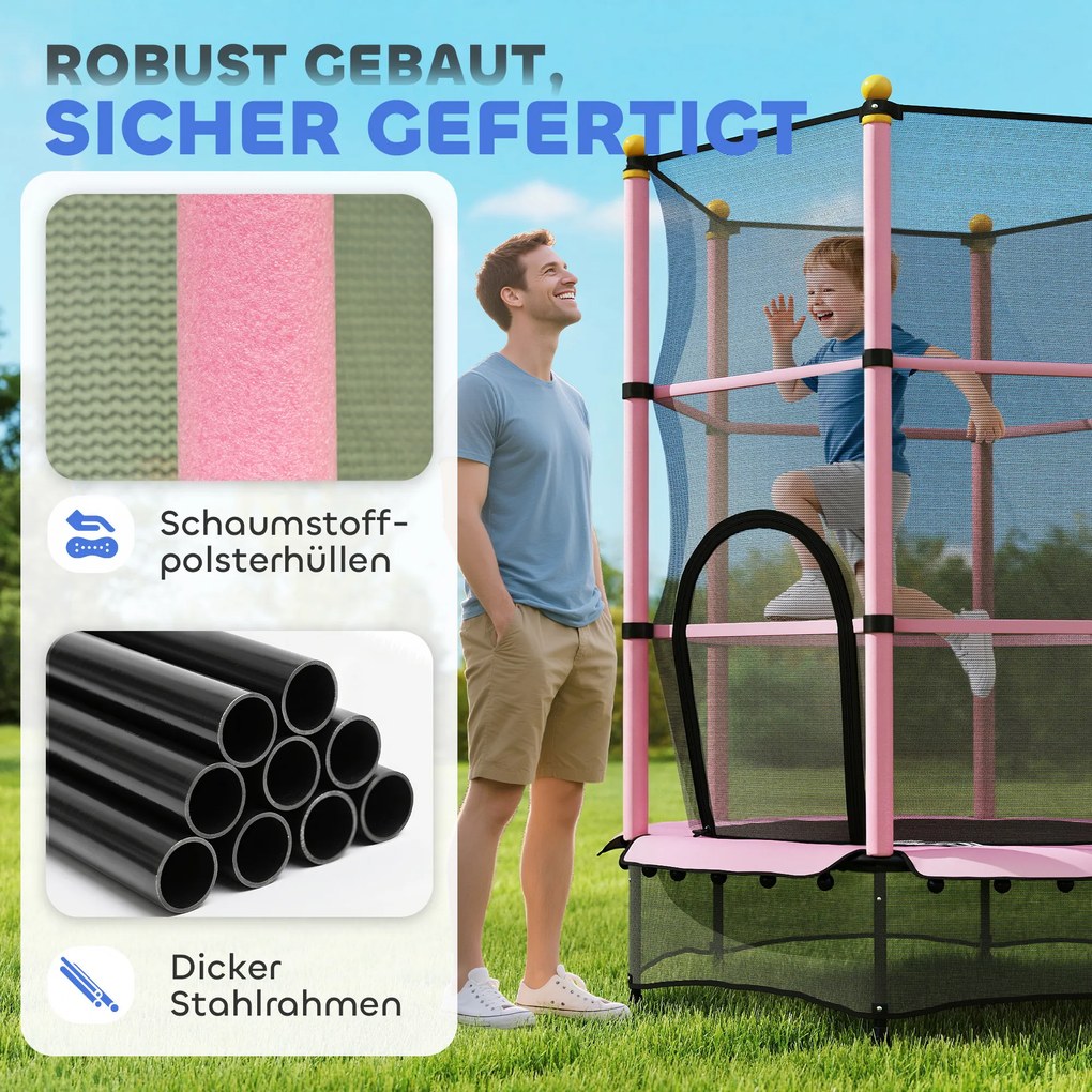 HOMCOM dětská trampolína Ø140 cm, trampolína s ochrannou sítí, kryt hran, zahradní trampolína pro děti 3-10 let, max. zatížení 50 kg, růžová barva