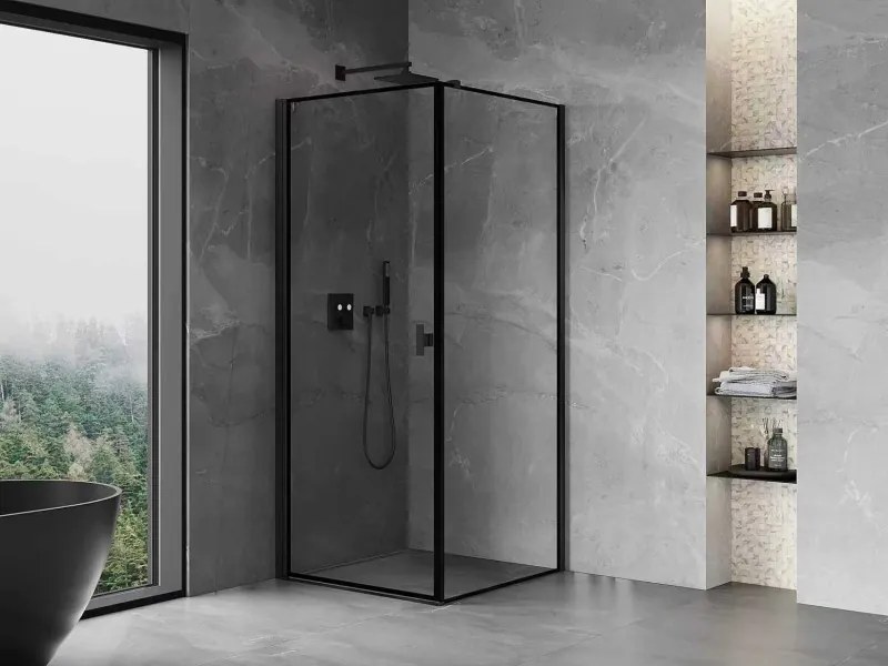 Mexen Mist-B, 1-křídlý výklopný sprchový kout, levý, 70 x 70 cm, čiré sklo-černý rám, 8A2T-070-070-70-70-L