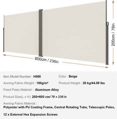 Stahovací boční markýza, 200,7 × 599,4 cm Venkovní ochranná – KSSCP200X600HPSZPV0