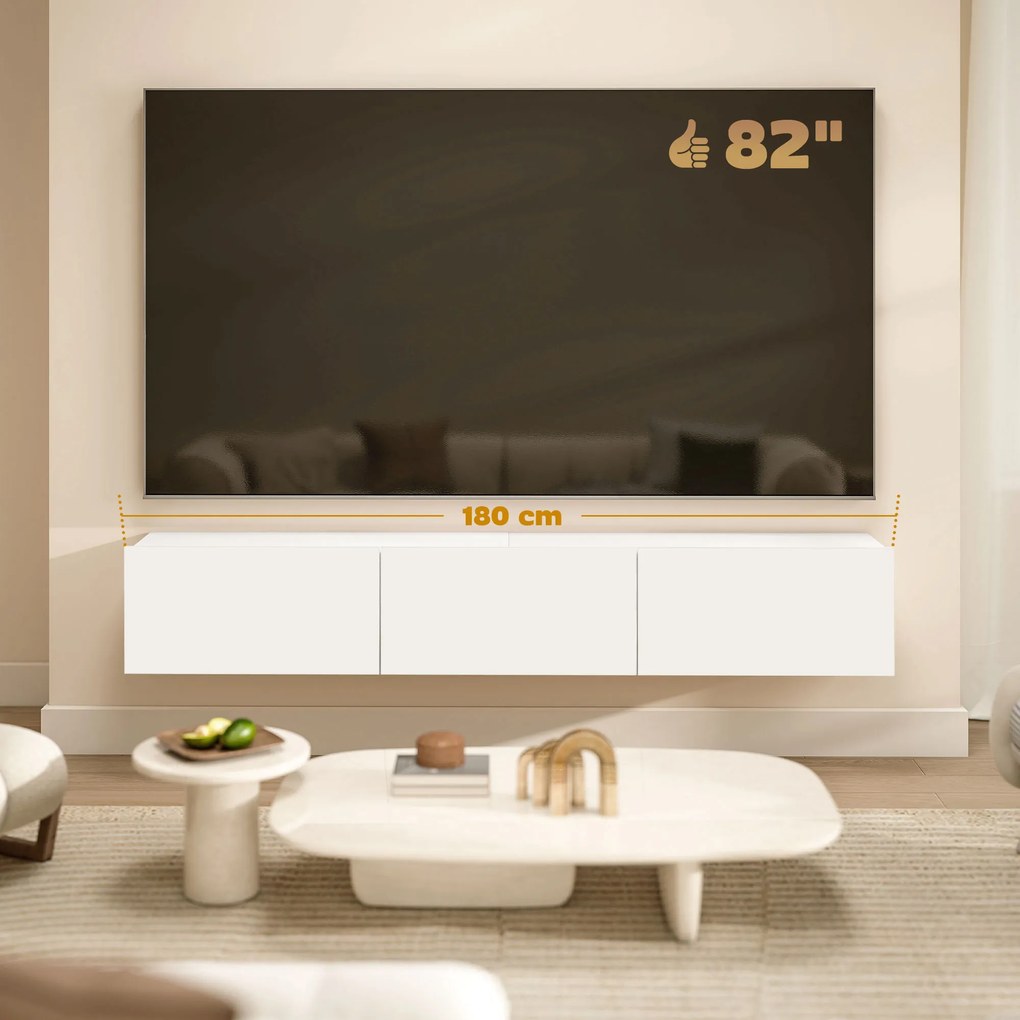HOMCOM Zavěšená TV skříňka, montáž na zeď, 3 zásuvky, spousta úložného prostoru, 180 cm, bílá