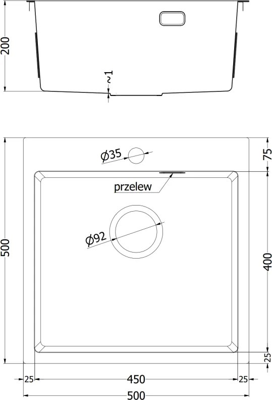 Mexen Solix, 1-komorový nerezový dřez 500 x 500 mm, černá, vzor voština, 6407501000-70HC