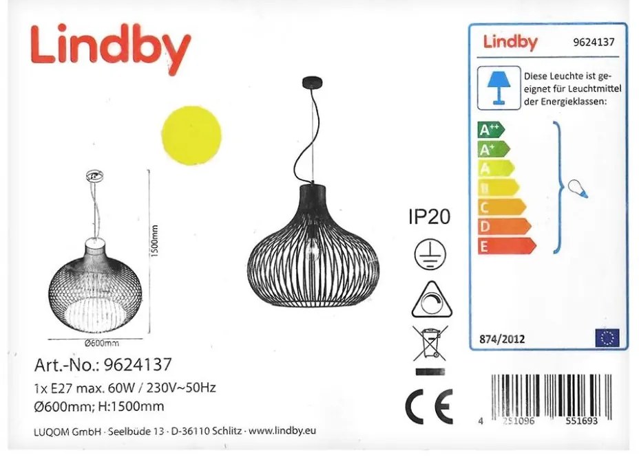 Lindby - Lustr na lanku FRANCES 1xE27/60W/230V