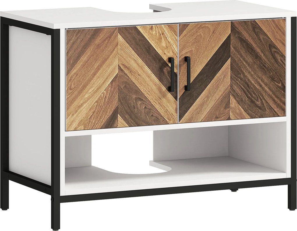 HOMCOM Koupelnová skříňka pod umyvadlo s pedestálem, 2 dveře, vzor herringbone, krémová a ořechová, 80x40x60 cm | Aosom