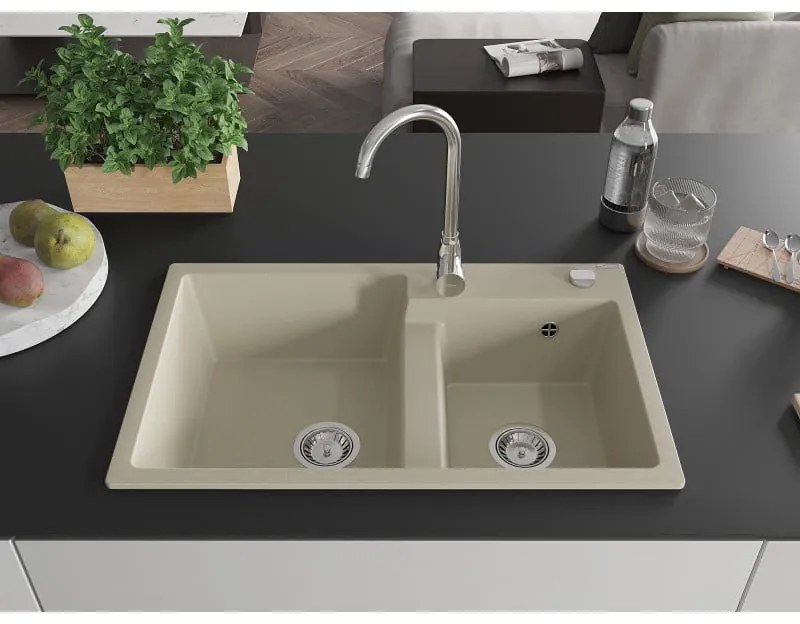 Mexen Tomas, granitový dřez 800x500x190 mm, 2-komorový a chromová baterie Telma, béžová, 6516-69-670200-00