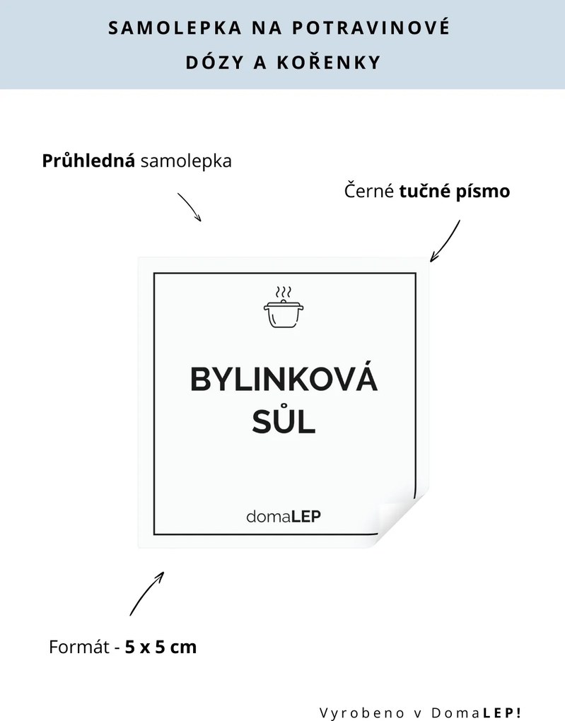 BYLINKOVÁ SŮL – průhledná samolepka na dózu, tučné písmo, 5 x 5 cm | DomaLEP