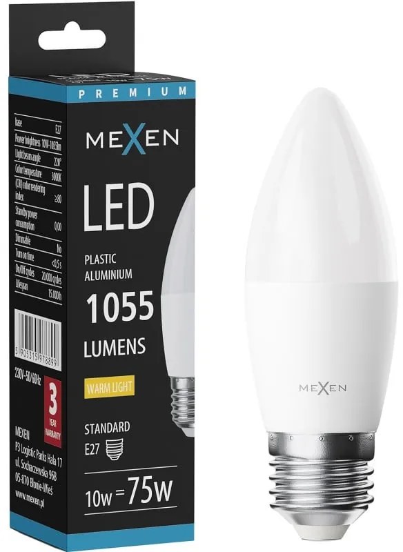 Mexen Nova, LED žárovka E27, C37, 10W, Teplá - 3000K, 1055 lm - L102-E27-1030-01