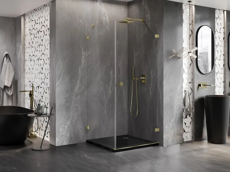 Mexen Lunar-B, pravostranný výklopný sprchový kout 90 x 90 cm, 8mm čiré sklo, zlatý profil, 832-090-090-50-00-P
