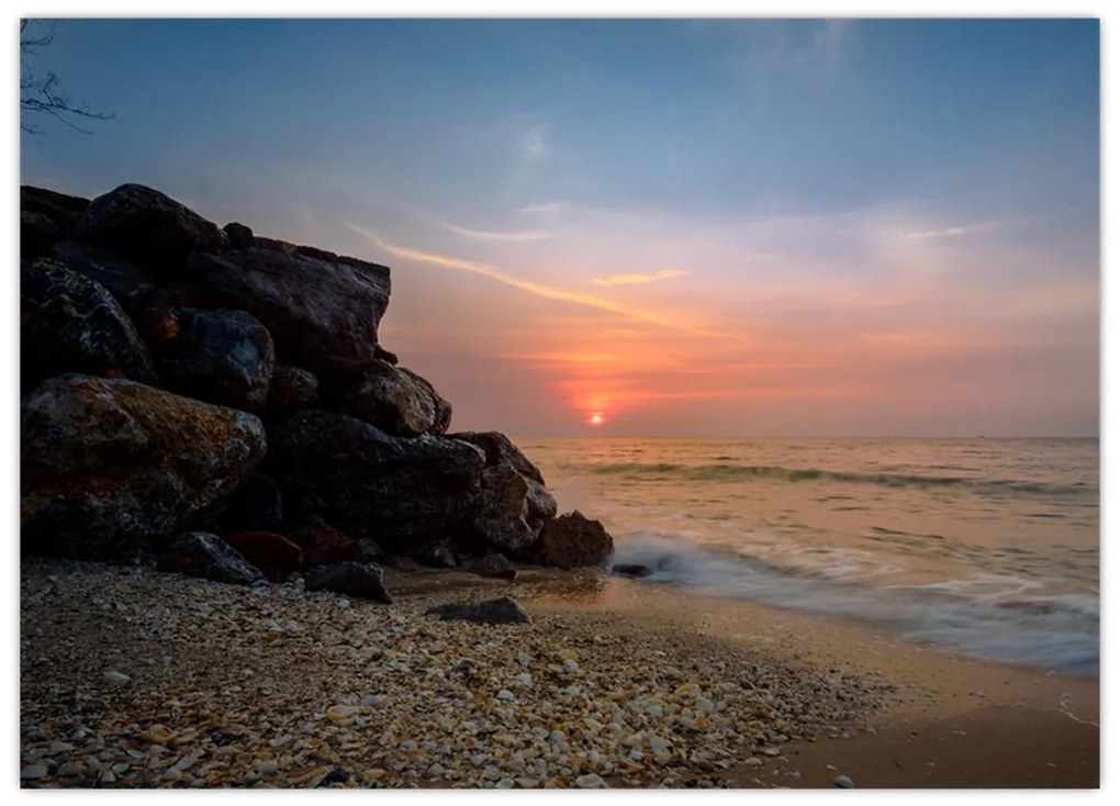 Skleněný obraz západu slunce na pláži (70x50 cm)