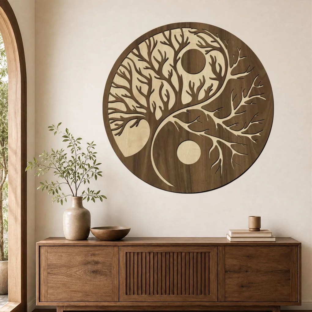 dřevo života 2 dílný dřevěný strom YING YANG na stěnu Zvolte barvu dekoru: Ořech-Dub Sonoma, Zvolte rozměr Ø (cm): 95