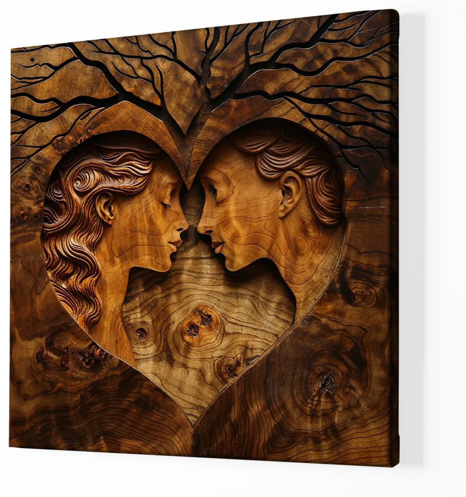 Obraz na plátně - Zamilovaný pár v srdci se stromem, dřevo styl FeelHappy.cz Velikost obrazu: 100 x 100 cm