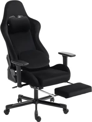 HOMCOM ergonomická masážní herní židle s vyhřívaným bederním polštářem, naklápěcí herní křeslo s lněným potahem, 4D opěrky rukou, černá