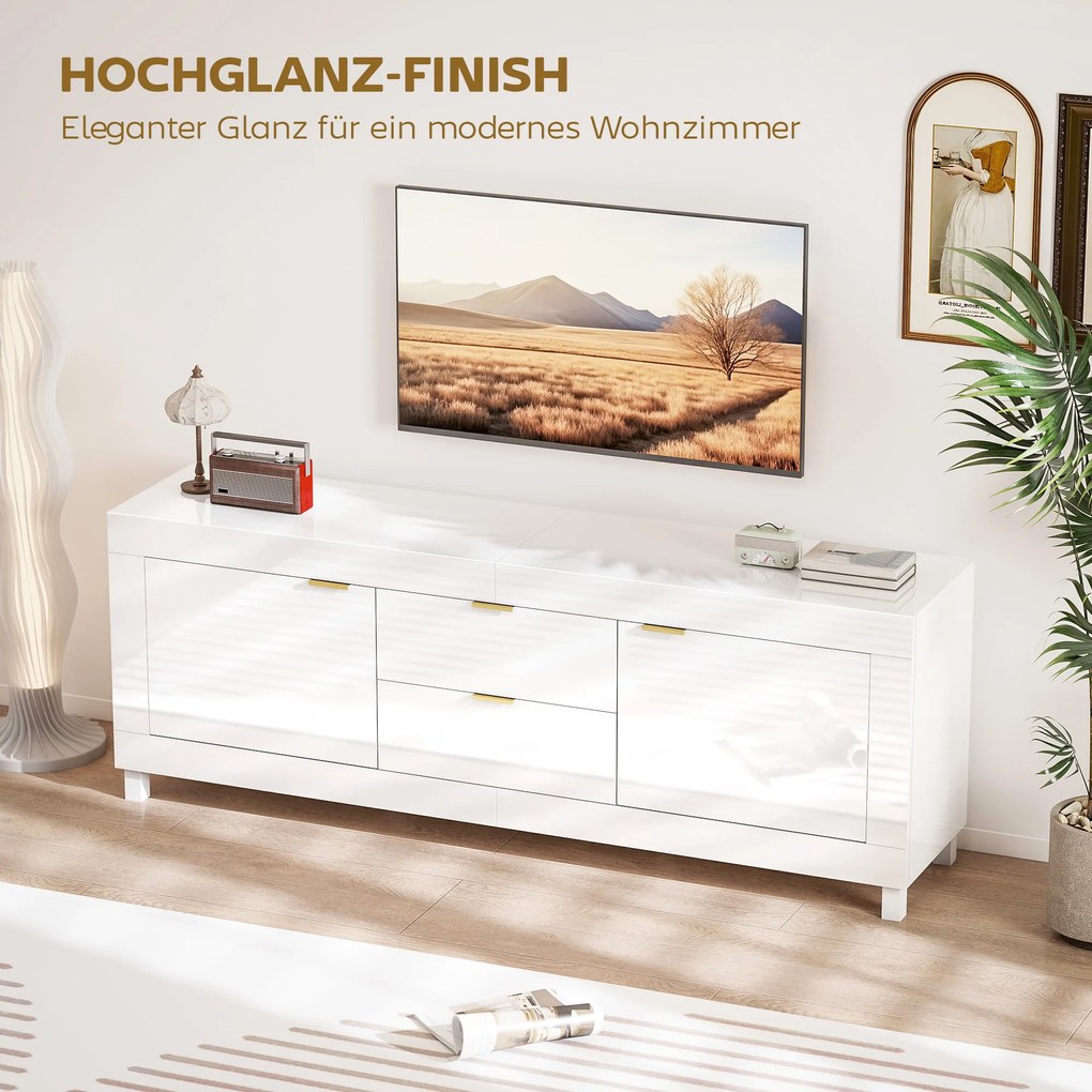 HOMCOM nízký TV stolek pro TV až do 75" – 180 × 40 × 66 cm, bílý vysoký lesk, 2 dvířka s tlumeným dovřením, kabelové vedení a 2 zásuvky