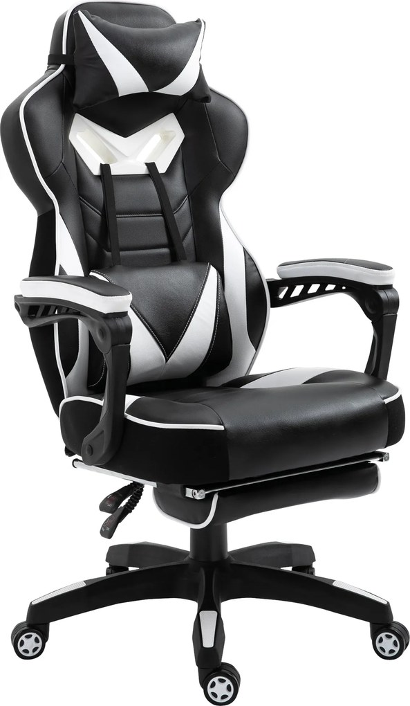 Ergonomická herní židle Vinsetto s nastavitelnou výškou a sklonem, opěrkou nohou, hlavy a bederním polštářem, kolečka 65x70x118,5-128,5 cm Bílá | Aoso