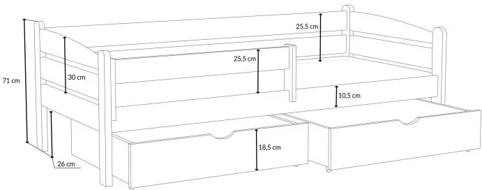 Dětská postel z masivu borovice ZORA se šuplíky - 200x90 cm - PŘÍRODNÍ BOROVICE