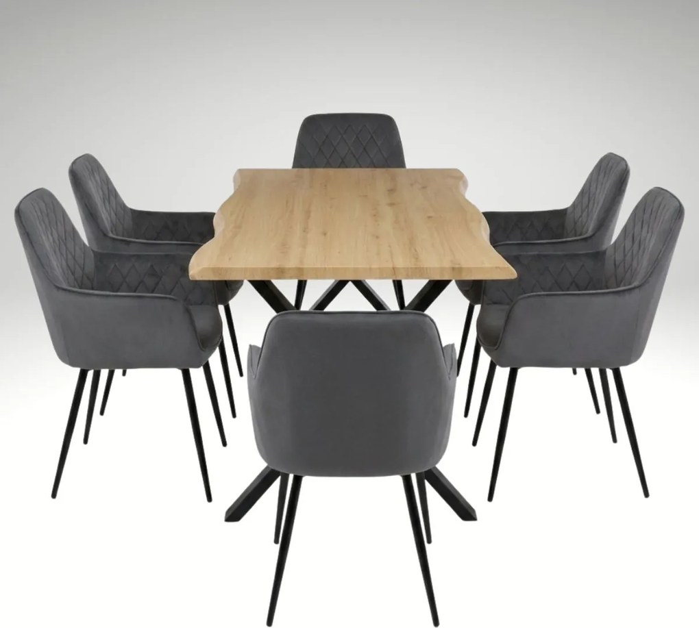 Vikio Jídelní set pro 6 osob 160x90 cm soft dub noha X šedá židle s područkami VJS226-6S