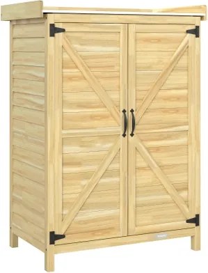 Outsunny venkovní dřevěný zahradní kůlna s kovovou střechou a háčky pro uchovávání nářadí, 71,5x39x95 cm, přírodní