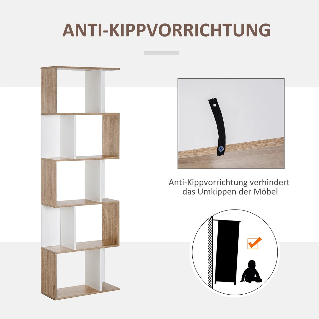HOMCOM Moderní Regál S Tvarovým Designem, 4 Poličky, 60 Š x 24 H x 148 V cm, Dub Bílý