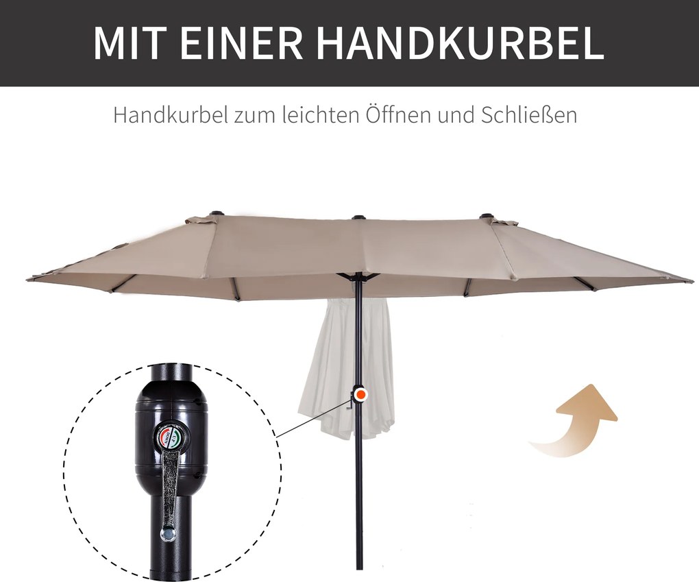 Slunečník Outsunny market double s ruční klikou oválný 460 x 270 x 240 cm ve světle kávové barvě pro zahradu a terasu | Aosom.de