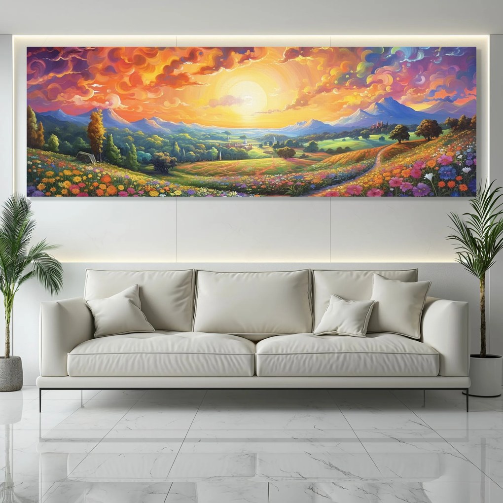 Obraz na plátně - Květinová krajina při západu slunce FeelHappy.cz Velikost obrazu (šířka x výška): 240 x 80 cm