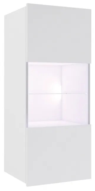 Závěsná vitrína CALABRINI, 45x117x32, bílá/bílý lesk, + modré LED